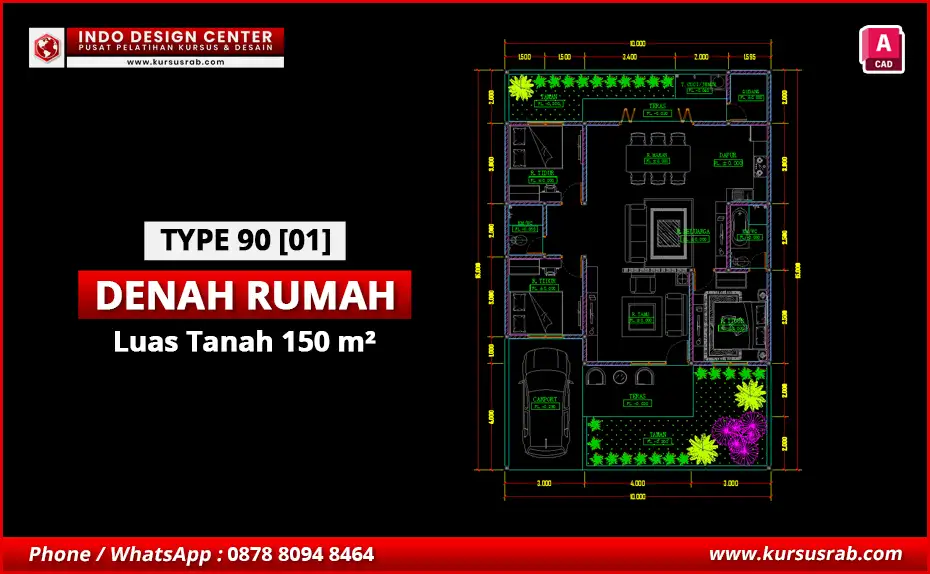 File Denah Rumah Type 90 Kode 01 - Kursus RAB Bangunan | Indo Design Center